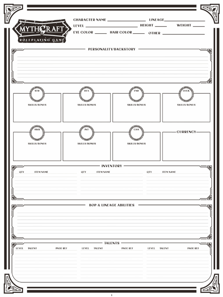 MythCraft Blank Character Sheet | PDF