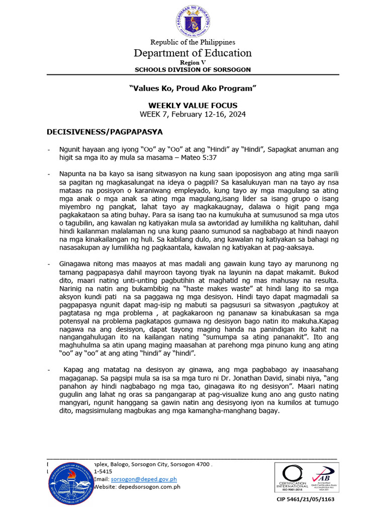 Weely Value Focus PAGPAPASYA | PDF