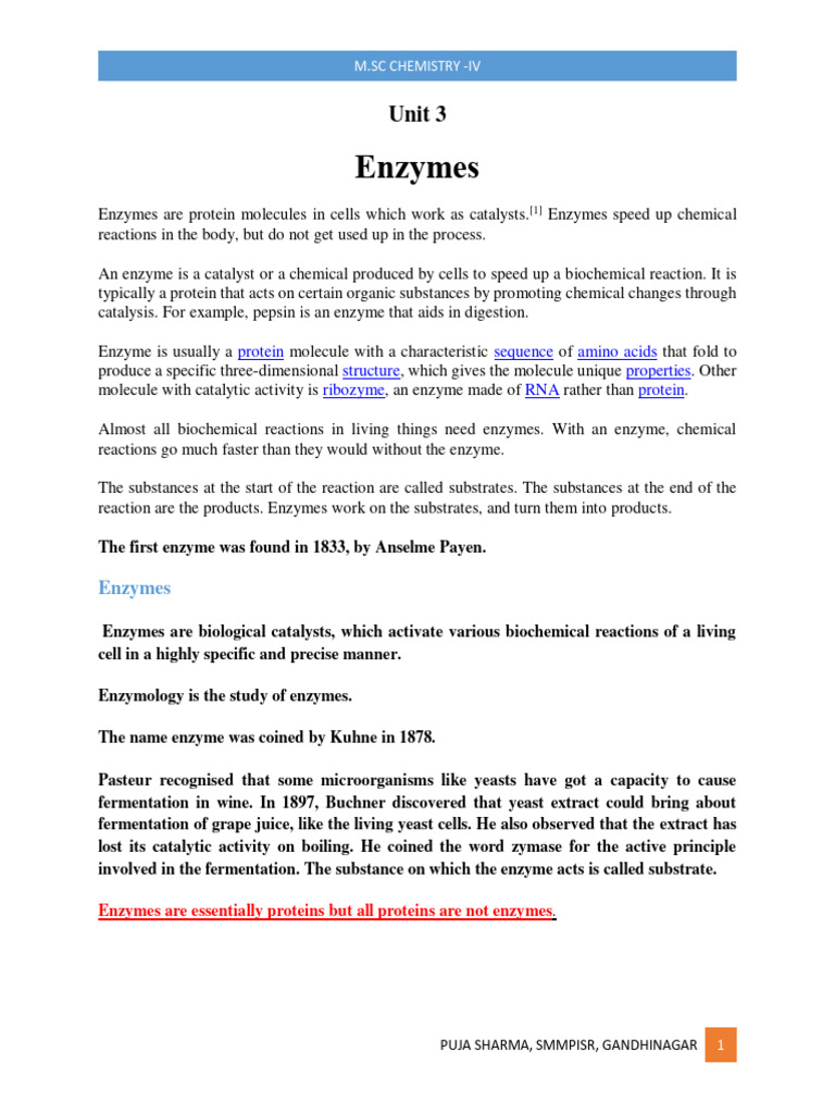 Unit 3 Enzymes | Download Free PDF | Enzyme | Cofactor (Biochemistry)