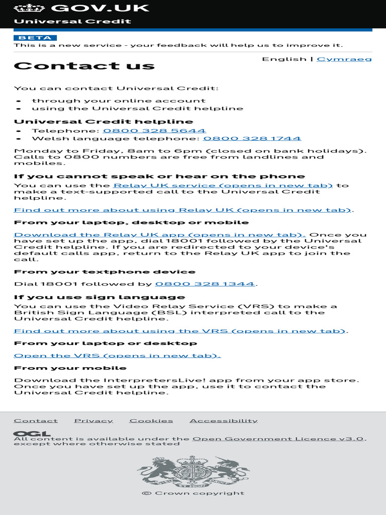Contact Us - Universal Credit | PDF