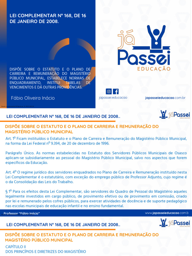 Slides - OSASCO-SP - Lei Complementar Nº 168 de 2008 - Estatuto e Plano de Carreira e ...