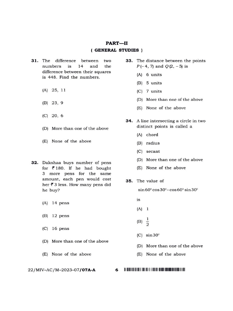Math and General Studies Questions | PDF