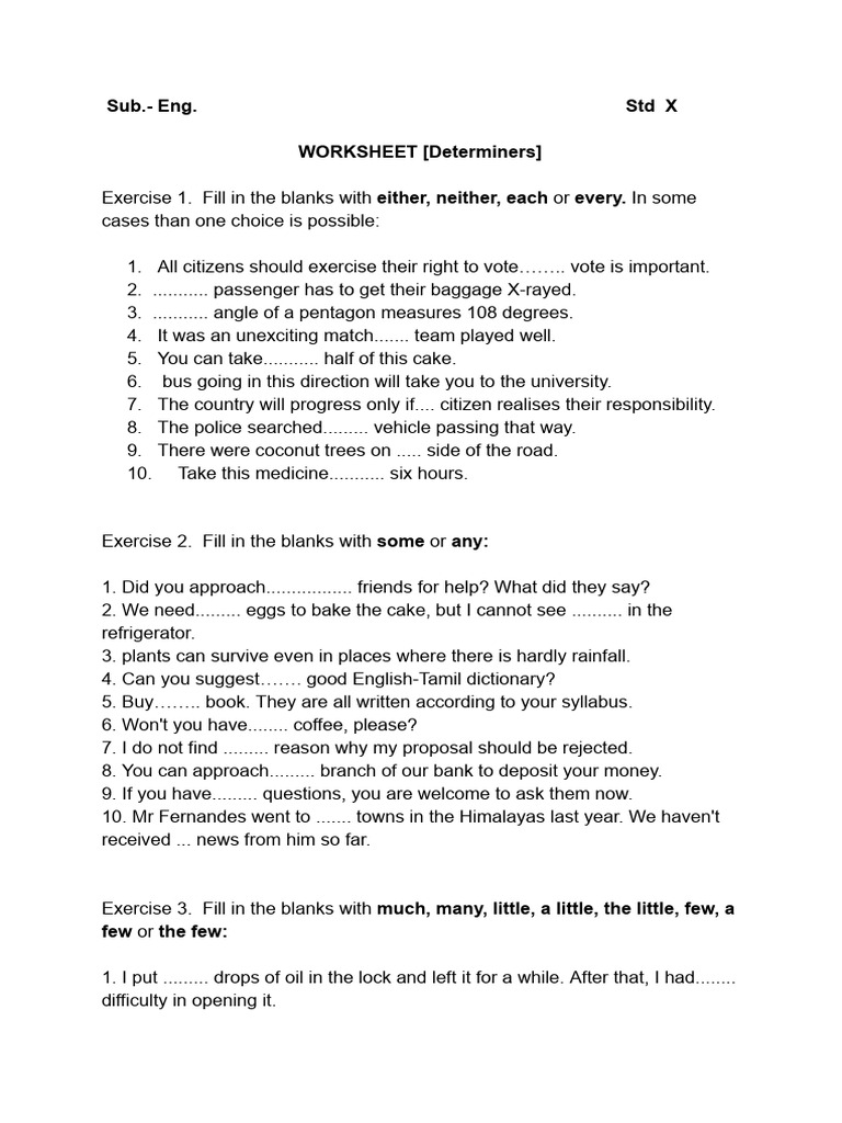 Determiners Worksheet STD - 10 | PDF