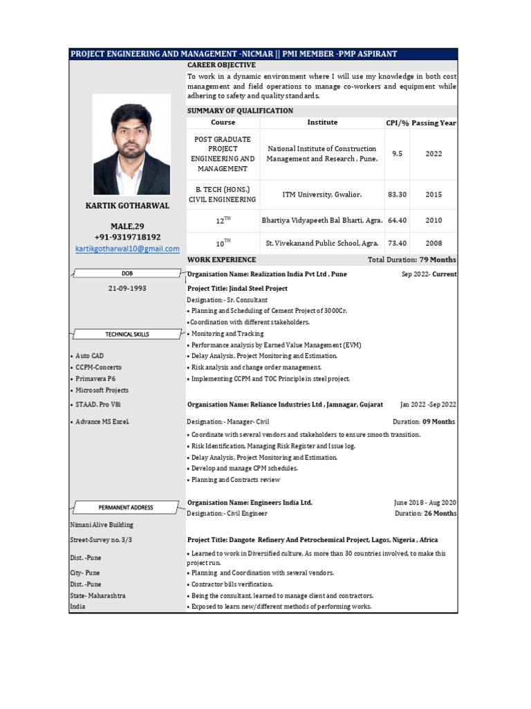Kartik - CV - 6.5 Years | PDF | Concrete