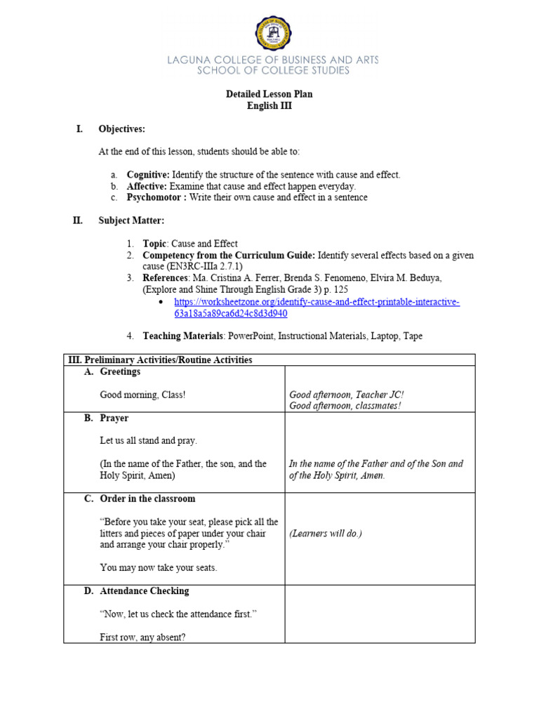 Cause and Effect Detailed Lesson Plan Grade 3 | PDF | Lesson Plan | Behavior Modification