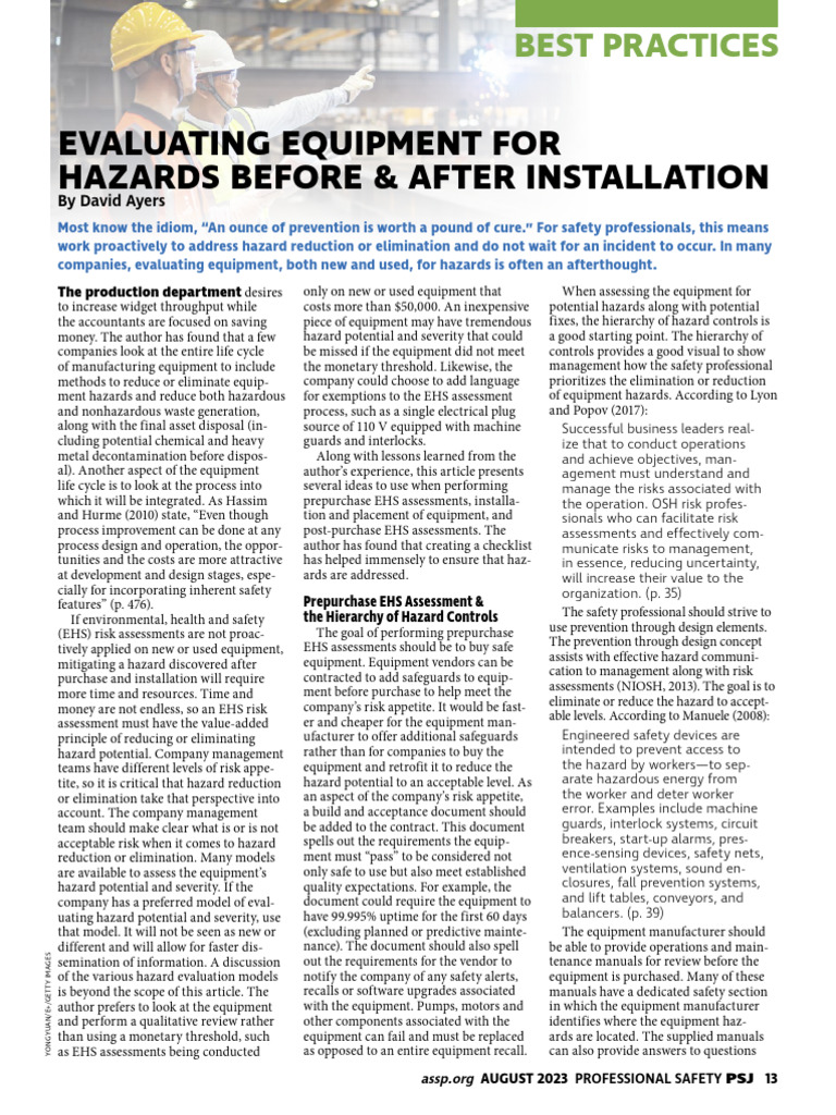 Evaluating Equipment For Hazards Before & After Installation | PDF ...