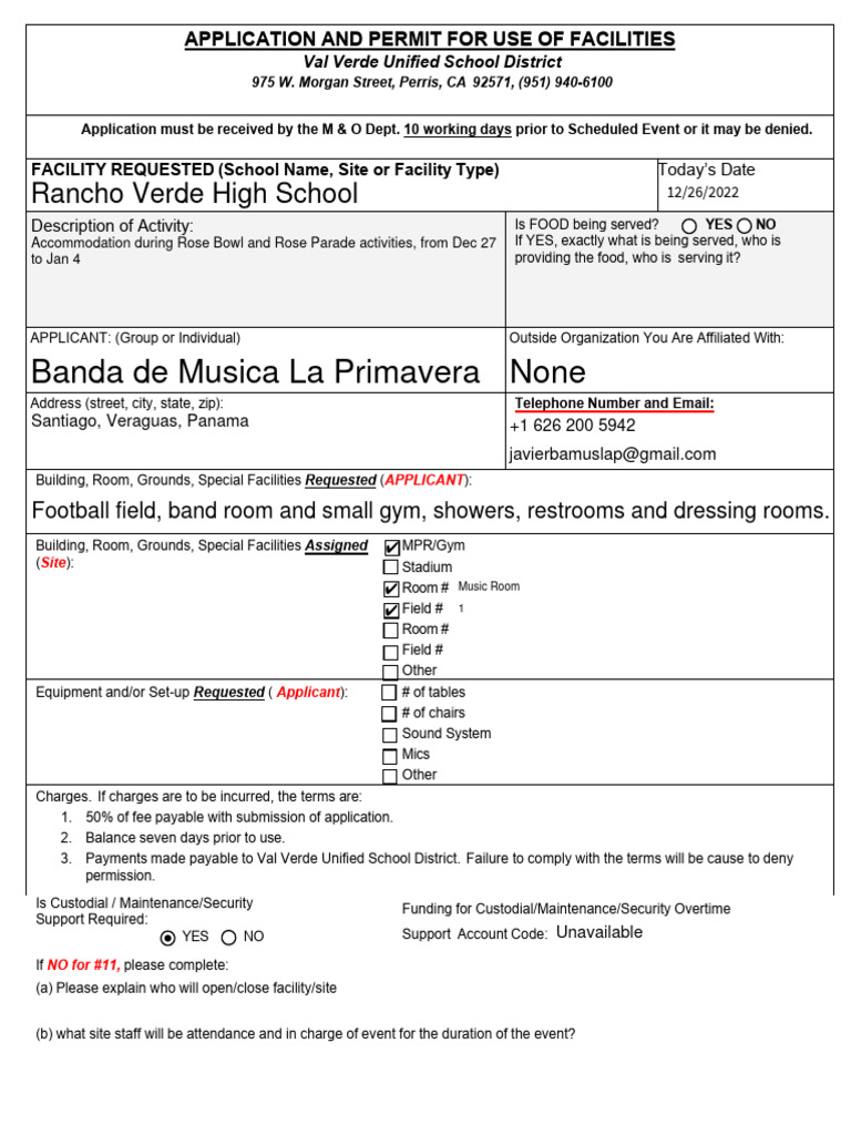 Rose Parade Paricipents From Panama (RVHS) Facility Use Application ... Rose Parade Paricipents From Panama (RVHS) Facility Use Application ...