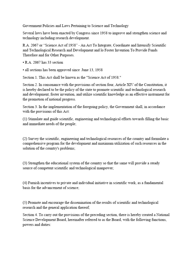 Government Policies and Laws Pertaining To Science and Technology Done ...