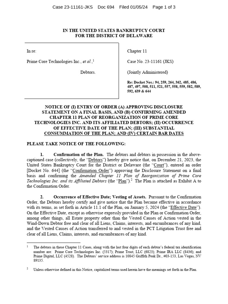 Prime Core Technologies Chapter 11 Notice | PDF | Chapter 11 ...