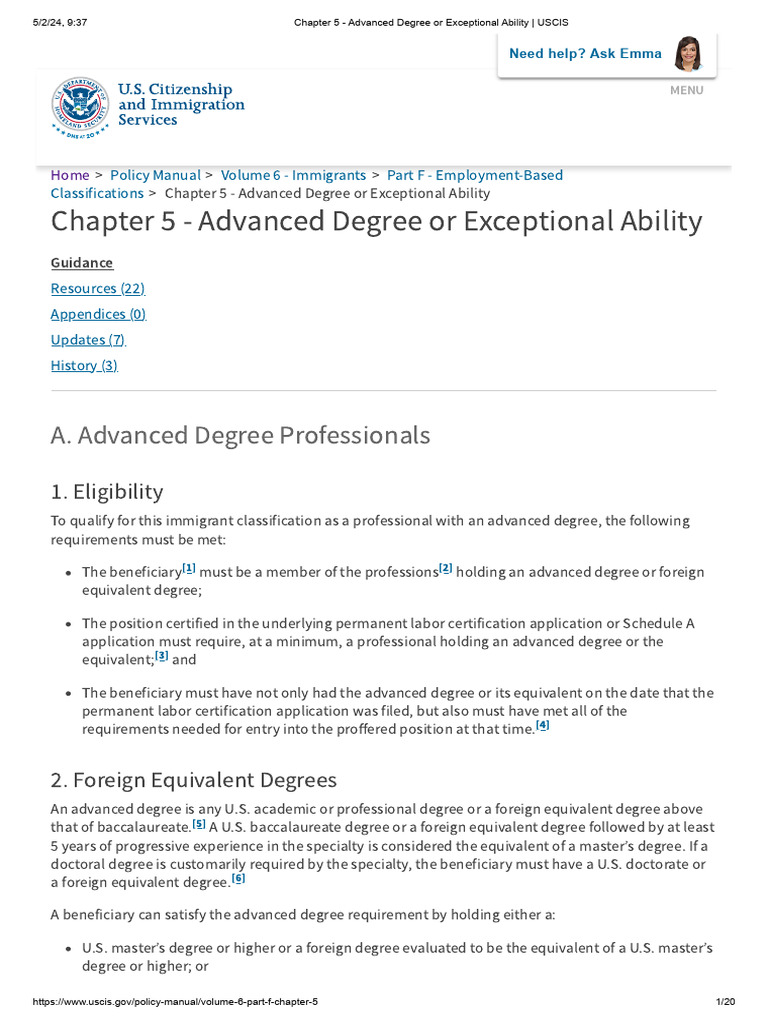 Chapter 5 - Advanced Degree or Exceptional Ability - USCIS | PDF | Academic Degree