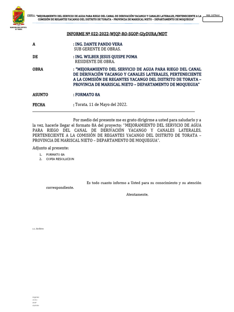 INFORME N°021 - FORMATO 8A. | PDF