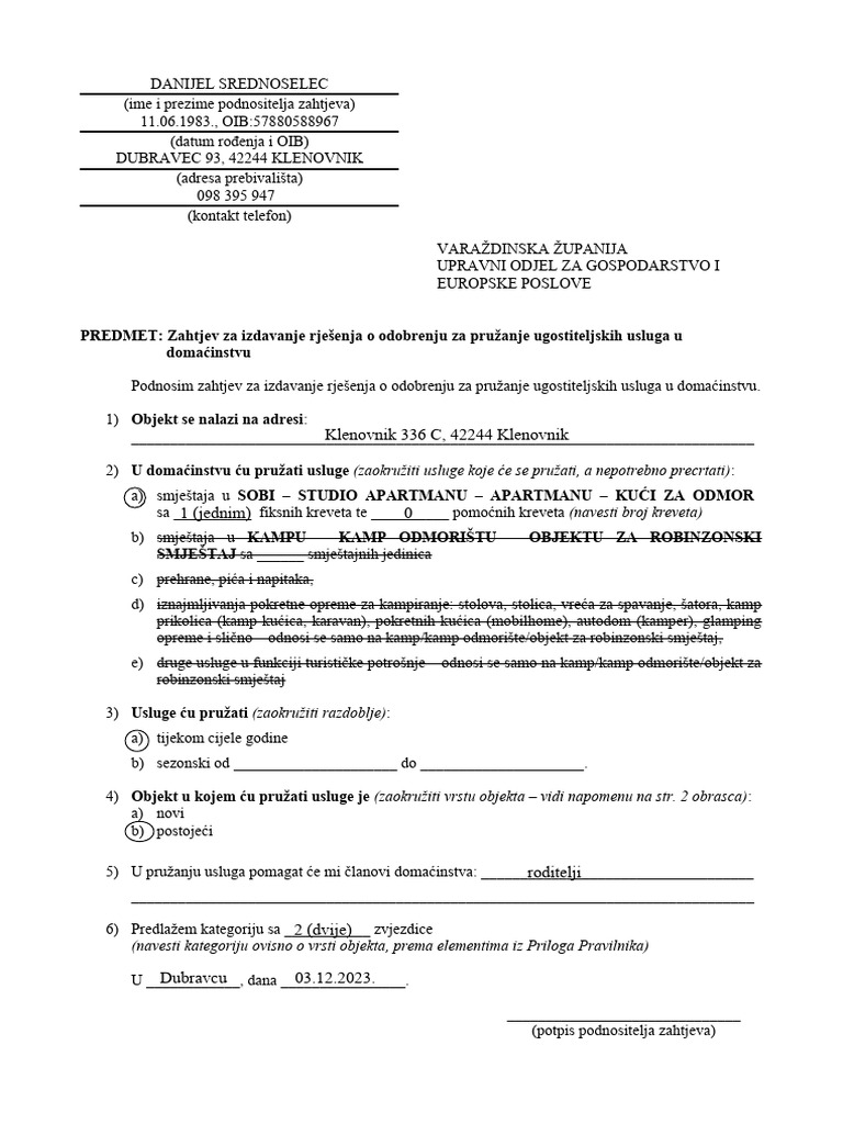 Zahtjev Za Izdavanje Rjesenja o Odobrenju Za Pruzanje Ug. Usluga U Domacinstvu | PDF