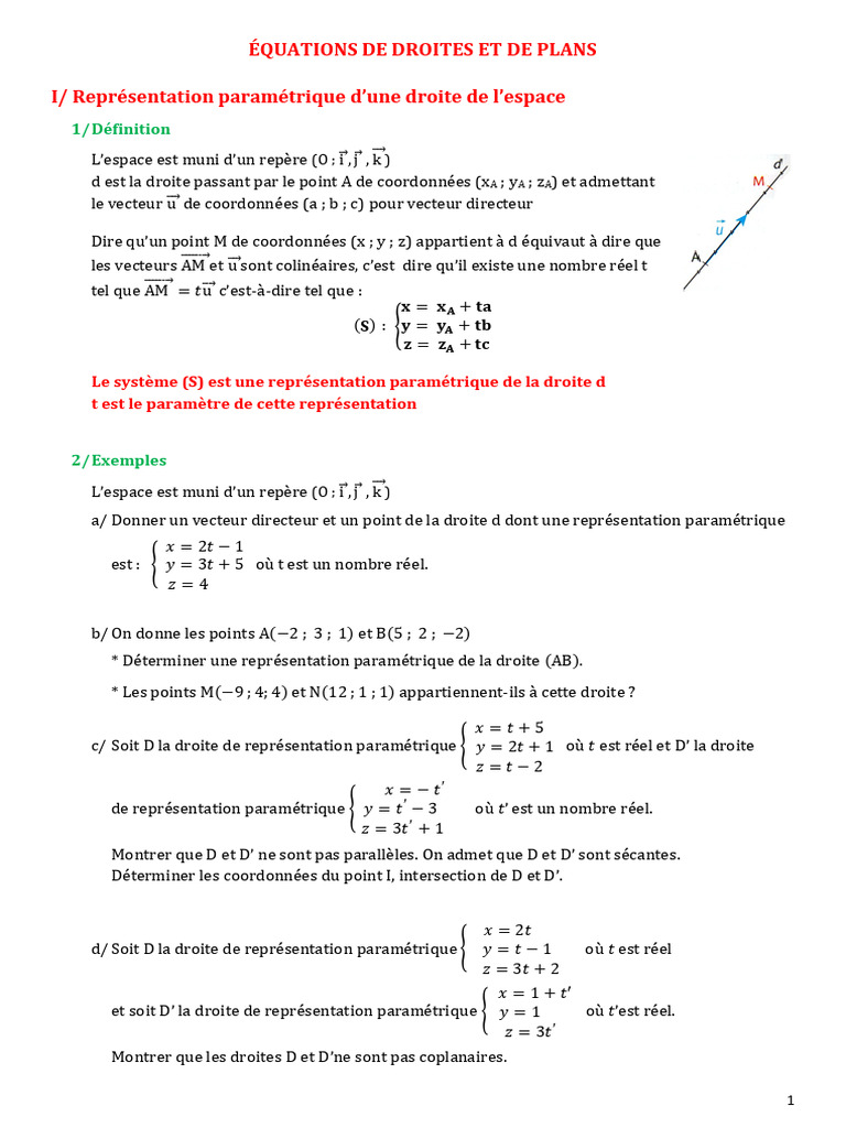 Équations de Droites et Plans en Espace | PDF | Droite (mathématiques ...