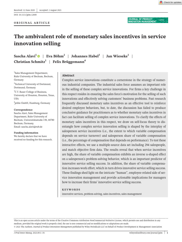 The Ambivalent Role of Monetary Sales Incentives I | PDF | Sales | Incentive