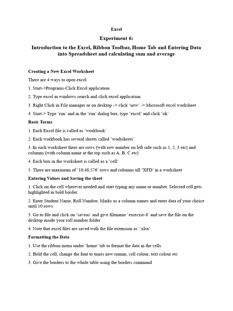 Experiment 6 On MS Excel Basics | PDF | Microsoft Excel | Worksheet Experiment 6 On MS Excel Basics | PDF | Microsoft Excel | Worksheet