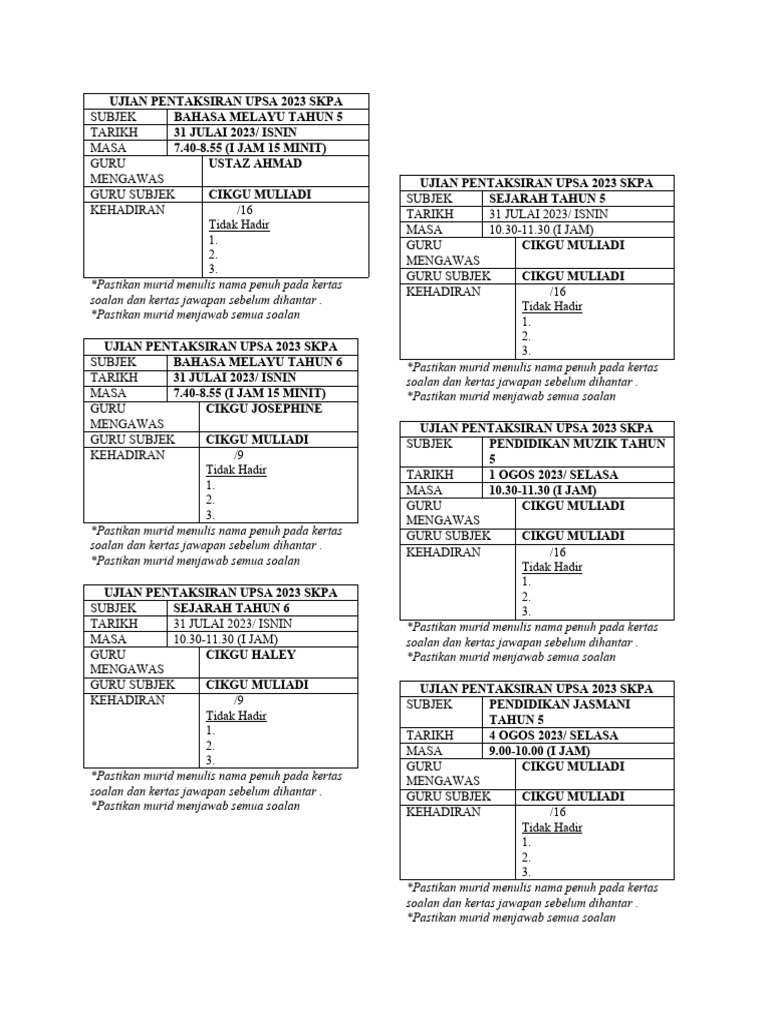 Label Ujian Pentaksiran Upsa 2023 | PDF