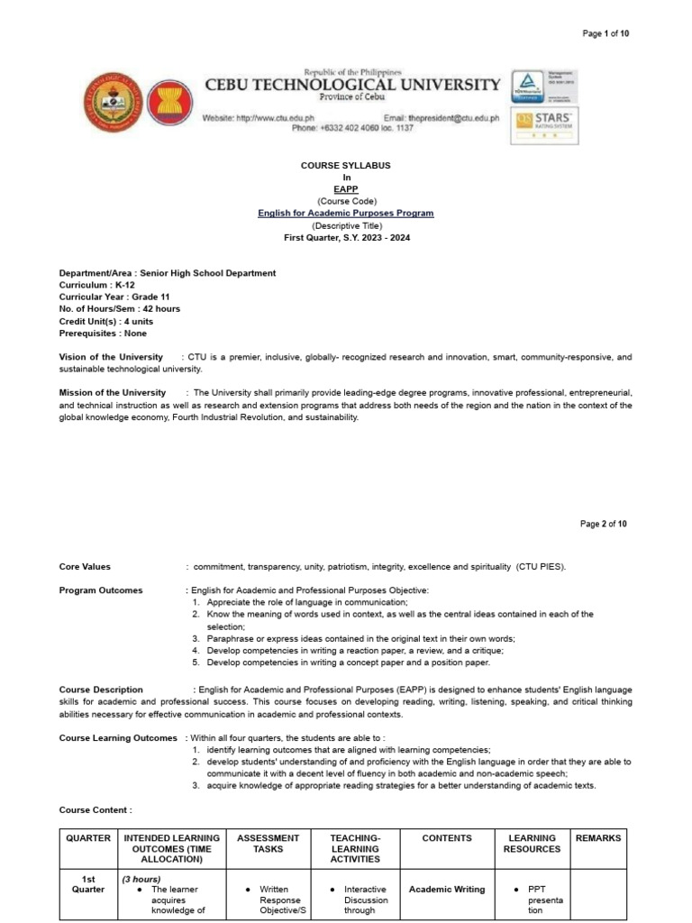 ENG3A - G7 - COURSE SYLLABUS FOR EAPP Final Version | PDF | Learning ...