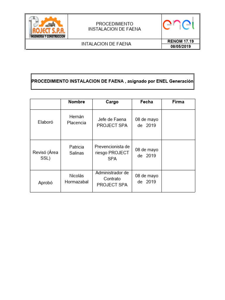 Procedimiento de Trabajo Seguro Instalacion de Faena | PDF | Residuos | Protector solar