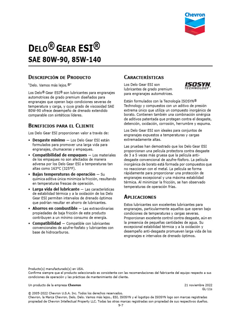 Chevron Gear Esi Sae 80W90 | PDF | Lubricante | Ciencias fisicas