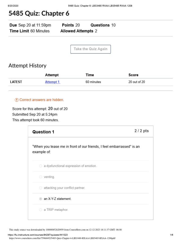 5485 Quiz Chapter 6 LBS3480 RXAA LBS5485 RXAA 1208 PDF | PDF | Anger | Emotions