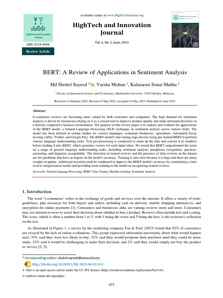 BERT A Review of Applications in Sentiment Analysis | PDF | Machine Learning | Support Vector ...