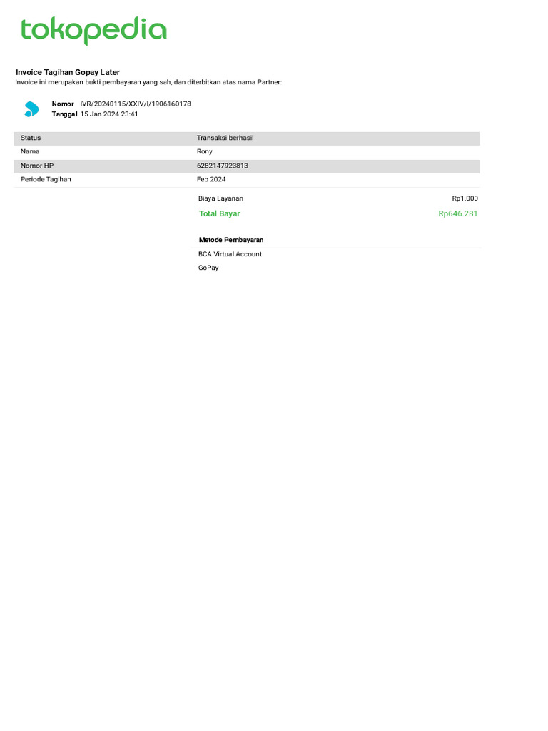 Invoice Gopay Later Rony Jan 2024 | PDF