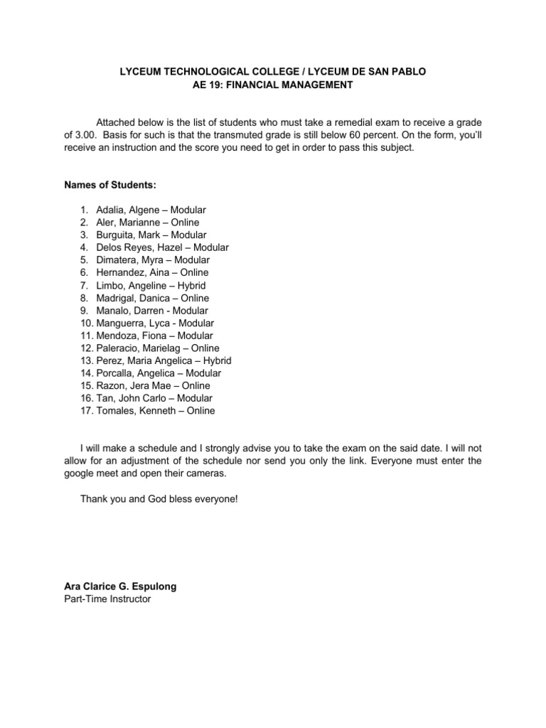 AE19 - Remedial Exam Letter | PDF