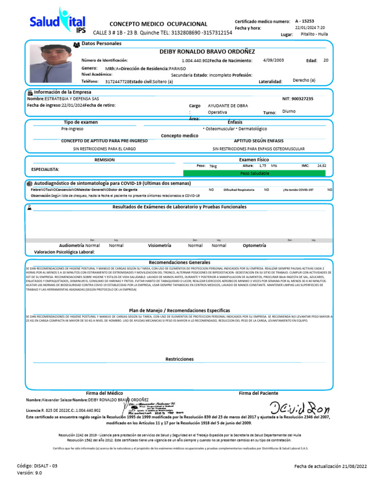 Certificado de Medico de Aptitud Laboral-Deiby Ronaldo Bravo Ordoñez | PDF | Enfermedades y ...