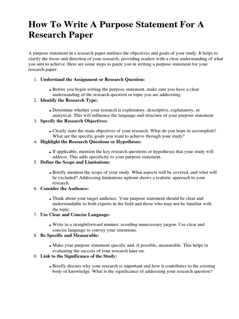 How To Write A Purpose Statement For A Research Paper PDF Goal