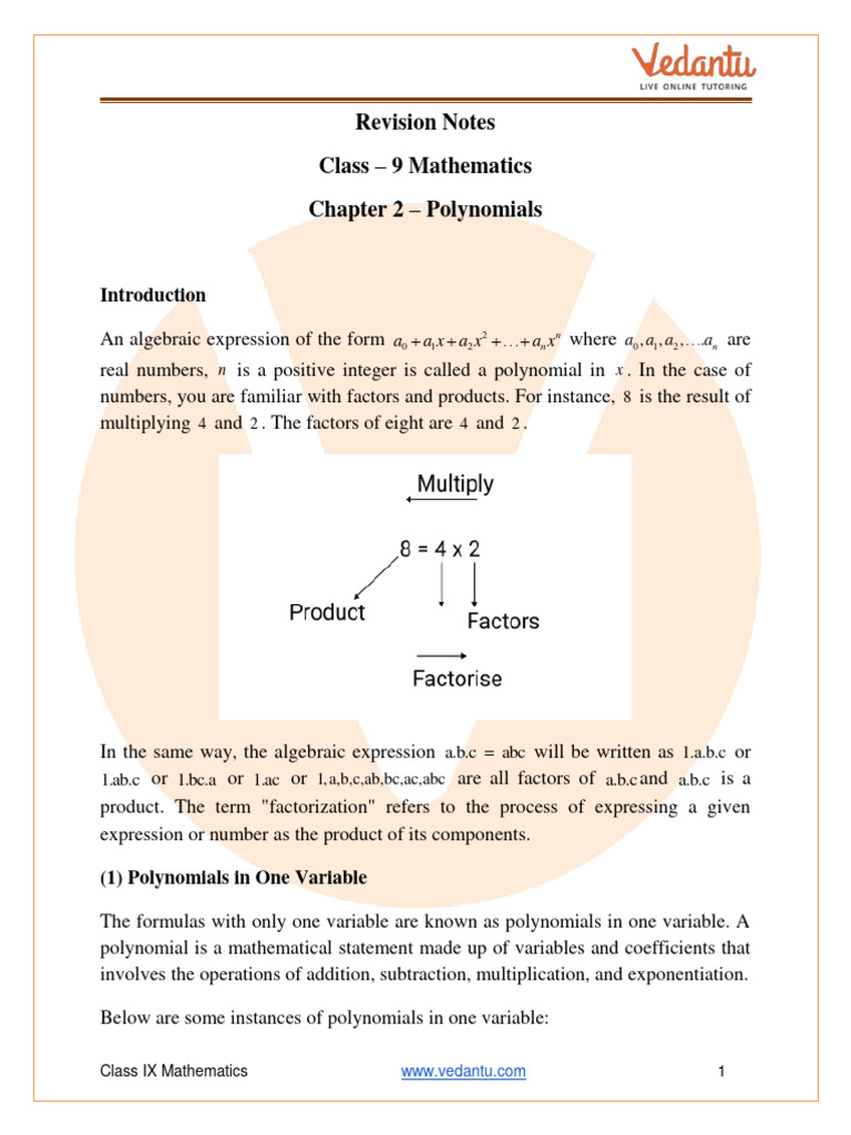 Polynomials Class 9 Notes CBSE Maths Chapter 2 (PDF) | PDF ... Polynomials Class 9 Notes CBSE Maths Chapter 2 (PDF) | PDF ...