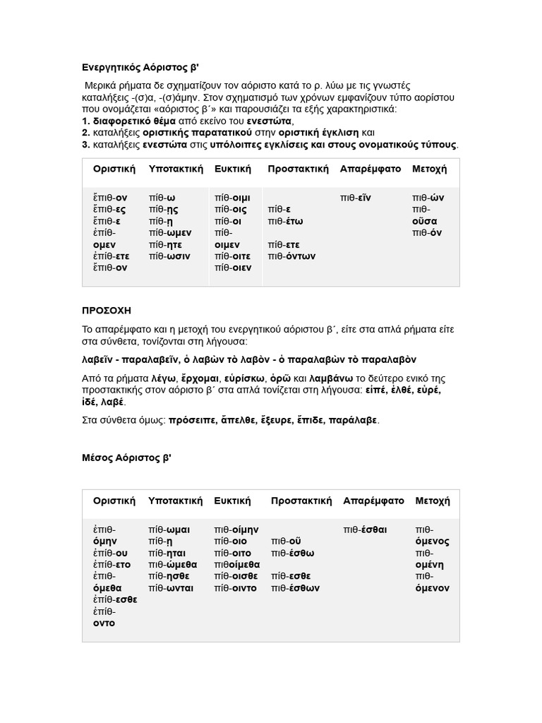 Αόριστος β - θεωρία - κλίση | PDF