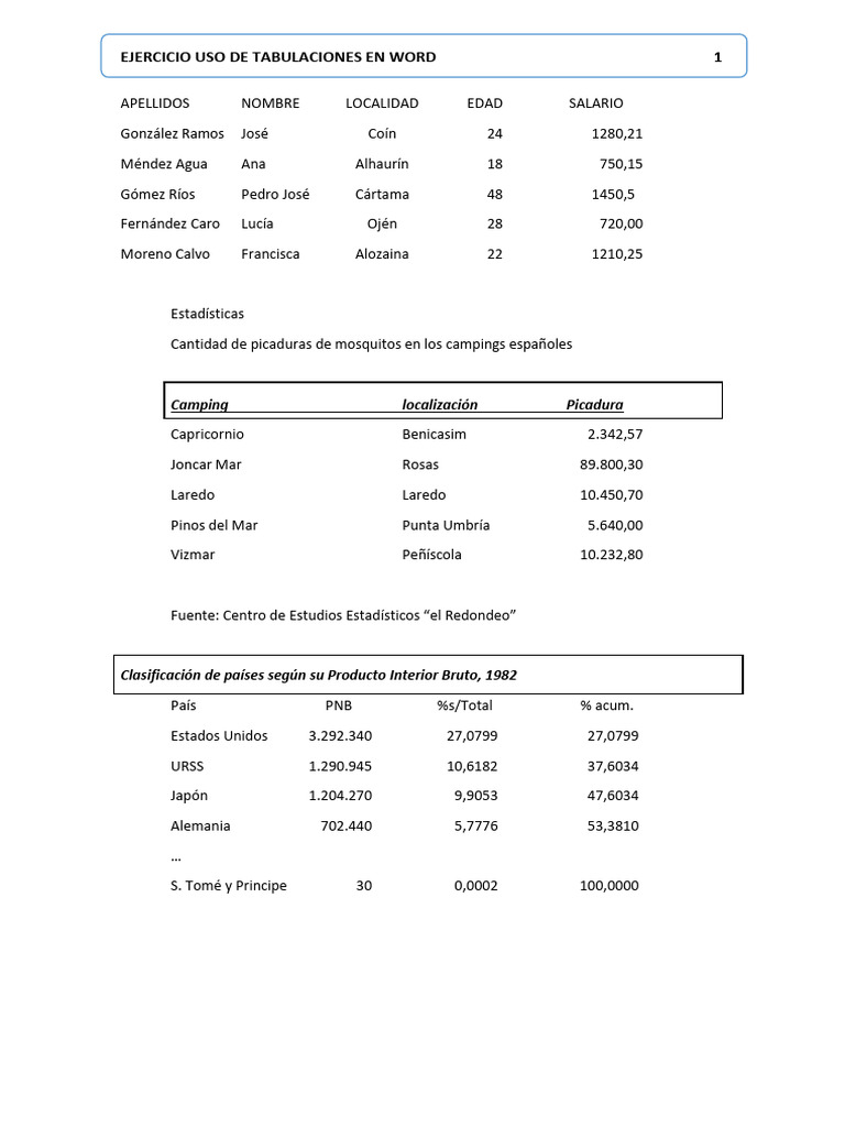 Ejercicio de Tabulaciones en Word | PDF | Matemáticas