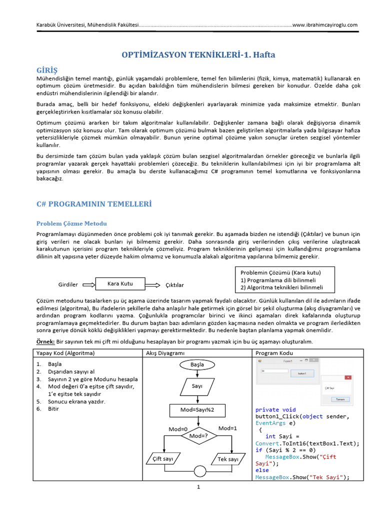 OptimizasyonTeknikleri 1.hafta C Sharp Temelleri | PDF