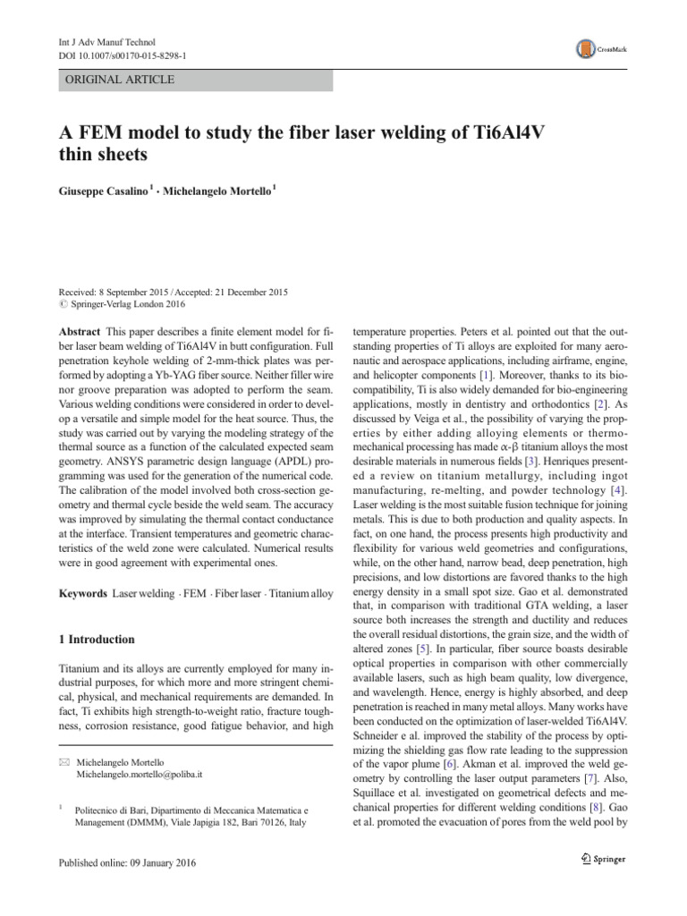 A FEM Model To Study The Fiber Laser Welding of Ti6Al4V - Casalino & Mortello 2016 | PDF ...