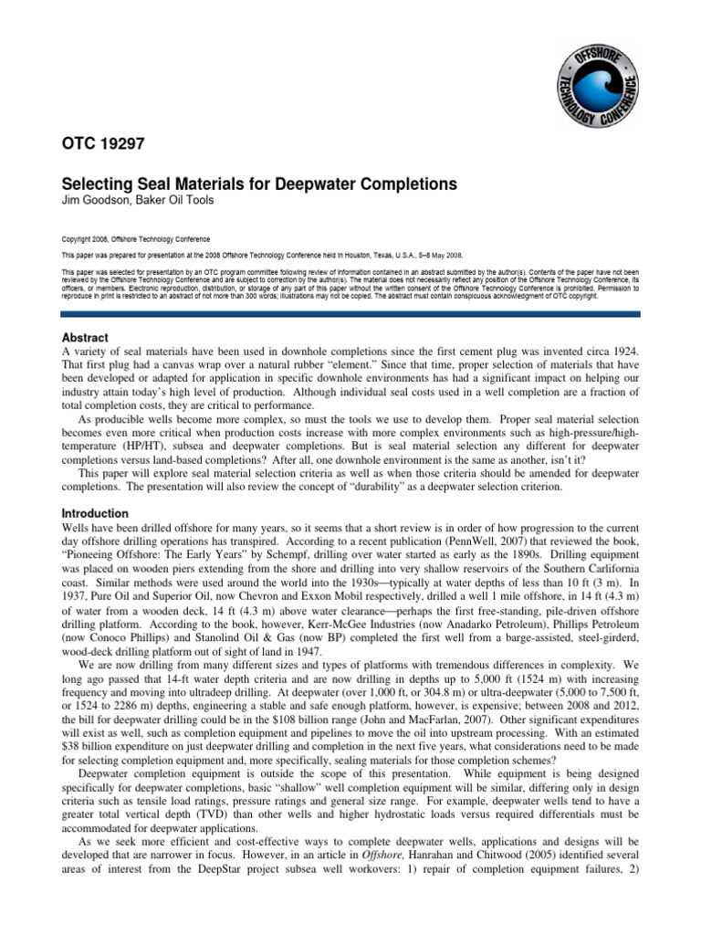 Selecting Seal Materials For Deepwater Completions | PDF | Oil Well | Offshore Drilling