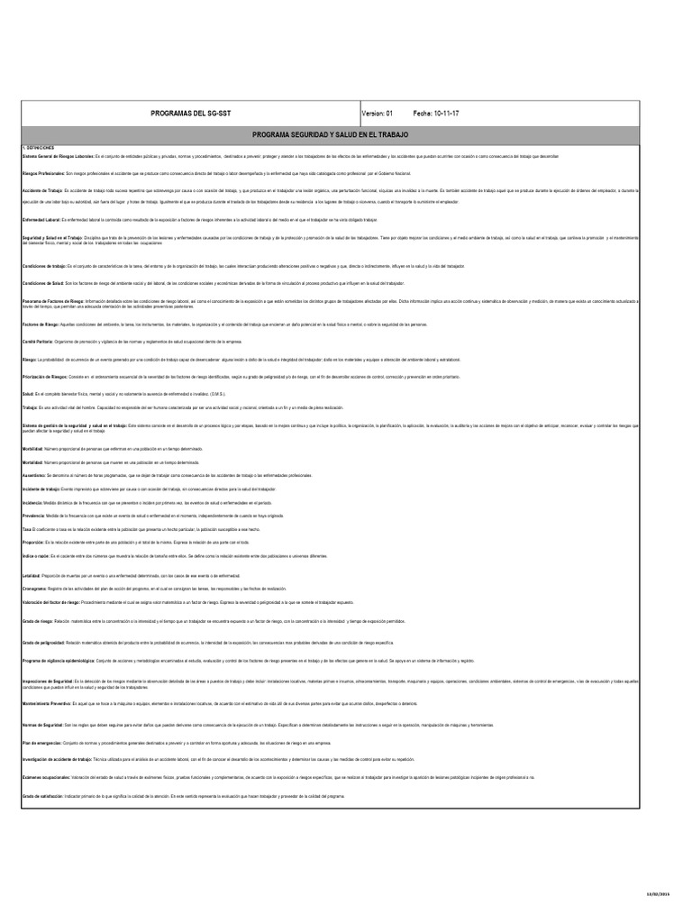 Programas Del SG-SST Version: 01 Fecha: 10-11-17 | PDF