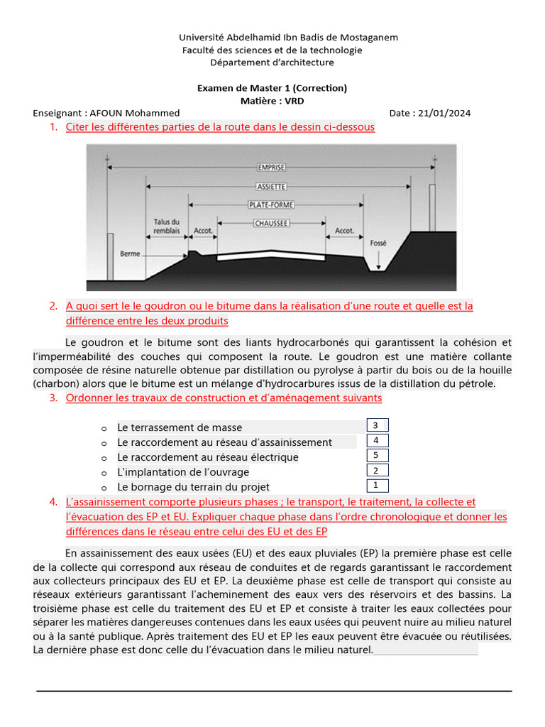 Corrigé Examen M1 VRD Du 21 01 2024 | PDF | Ingénierie civile | Ingénierie