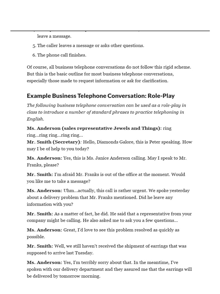 Telephone Business Conversation Role-Play | PDF