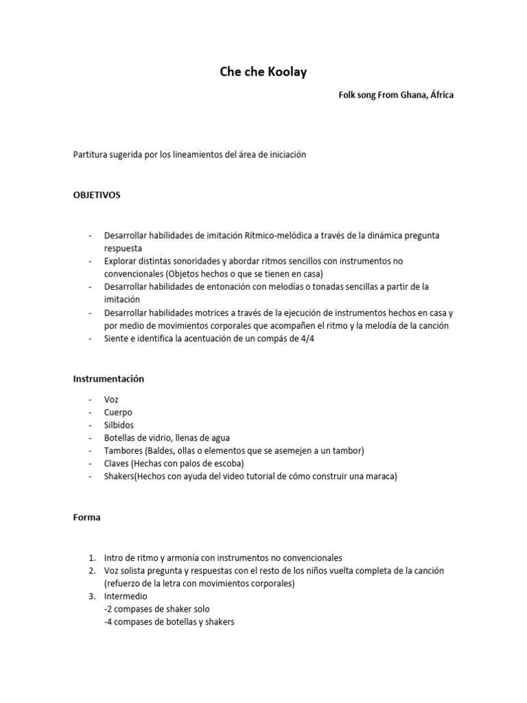 Canción Infantil: Che Che Koolay | PDF