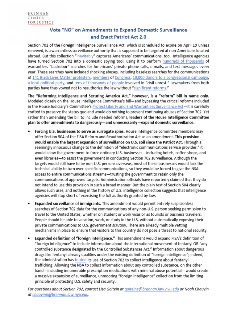 BCJ One-Pager On HPSCI Amendments | PDF | Foreign Intelligence ...