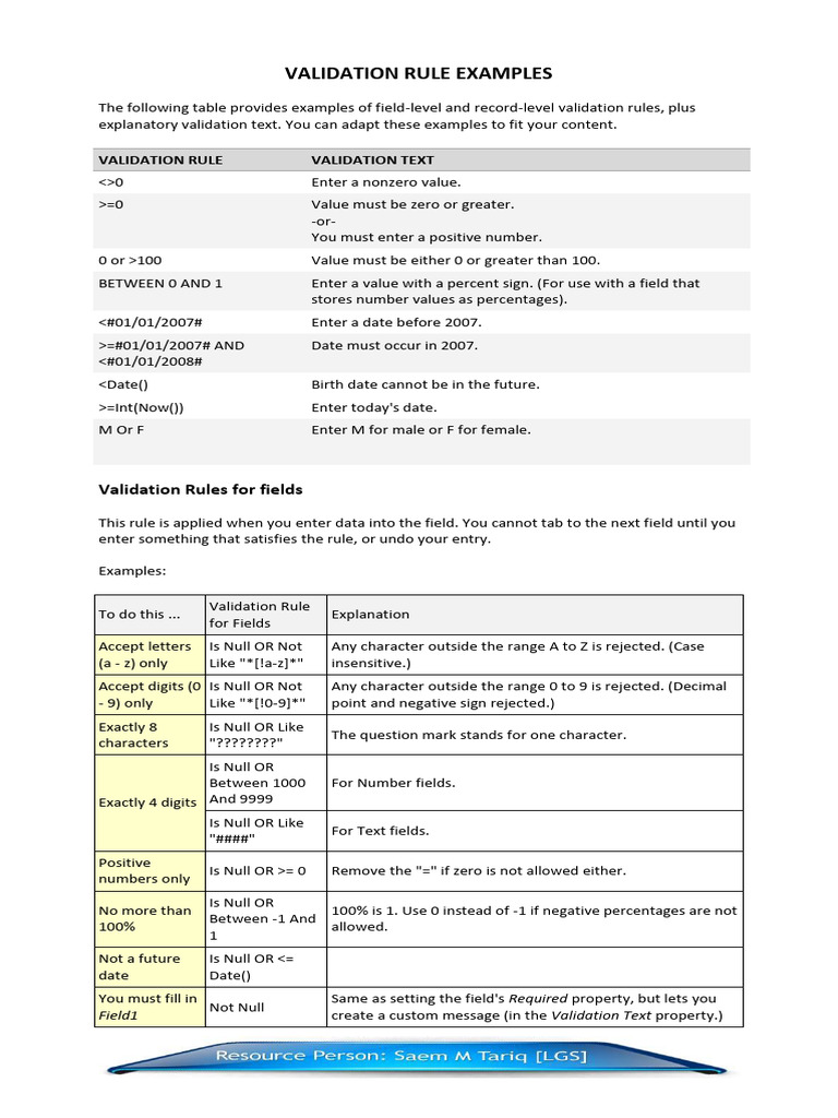 Database Validation Rule Examples | PDF | Numbers | Arithmetic