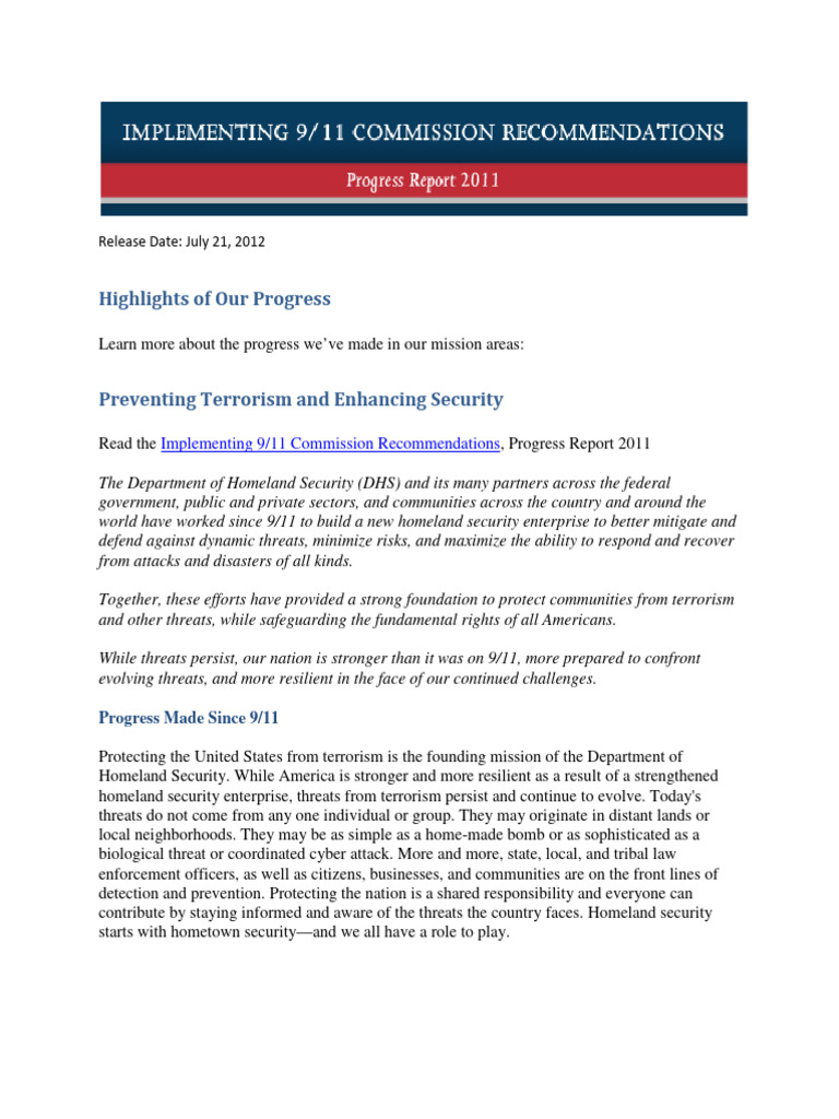 Highlights of Our Progress Implementing 9 11 Commission Recommendations Progress Report 2011 ...