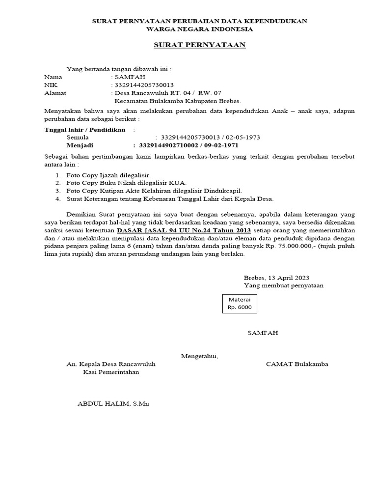 Perubahan Data Kependudukan | PDF
