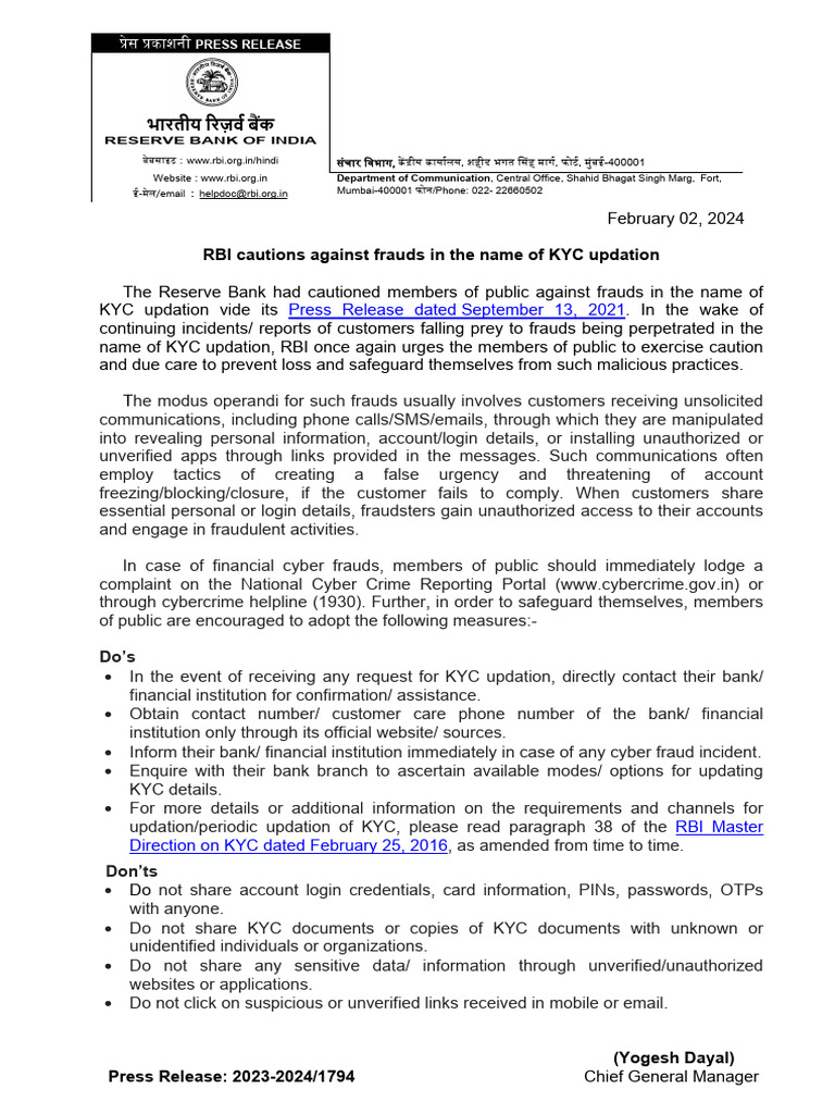 KYC Fraud Warning from RBI | PDF | Fraud | Cybercrime