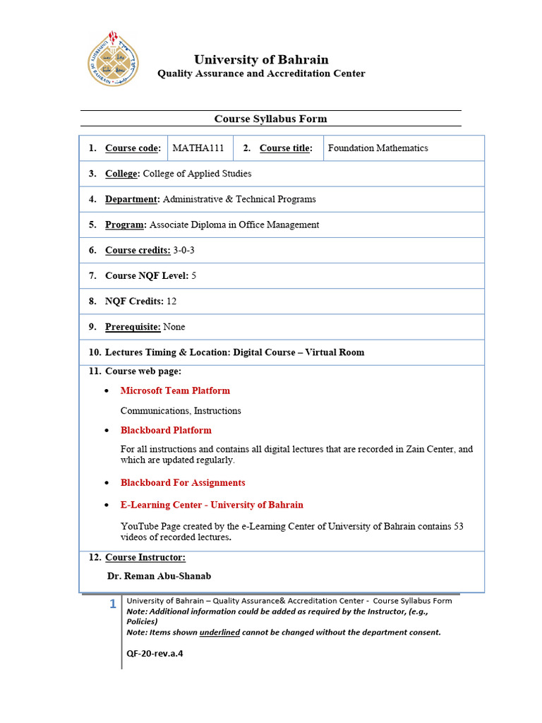 Foundation Mathematics Course Syllabus | PDF | Matrix (Mathematics ...