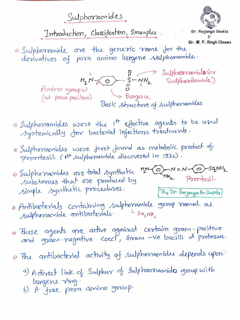 Sulphonamides Introduction, Chemistry, Structure, MOA, Classification | PDF