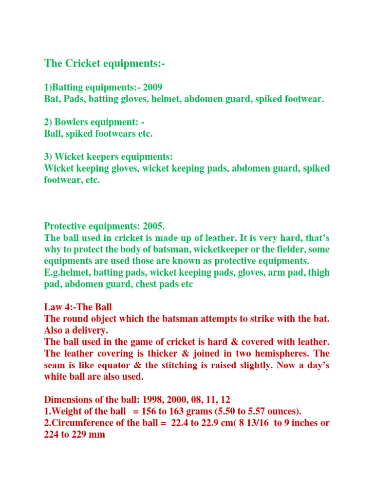 Cricket Equipments - Ball, Bat, Wicket, Pitch, Crease | PDF | Bowling ...