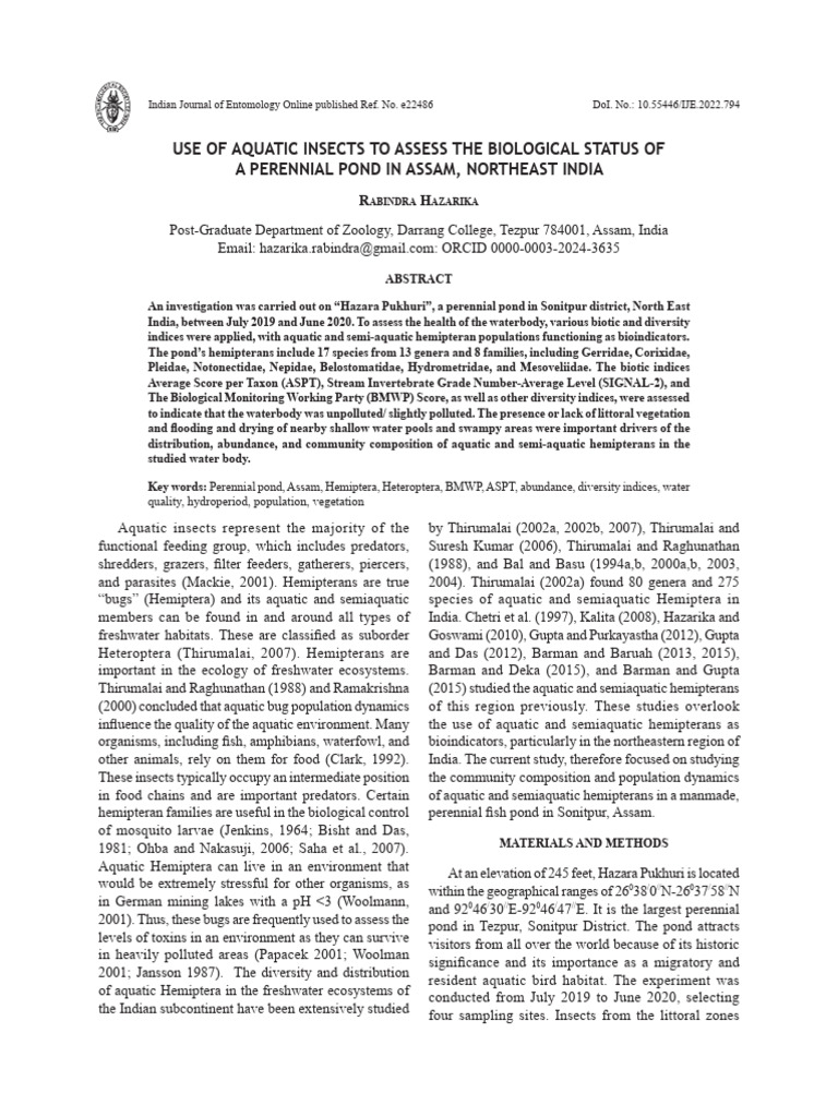 Aquatic Insects as Pond Bioindicators | PDF | Pond | Aquatic Ecosystem