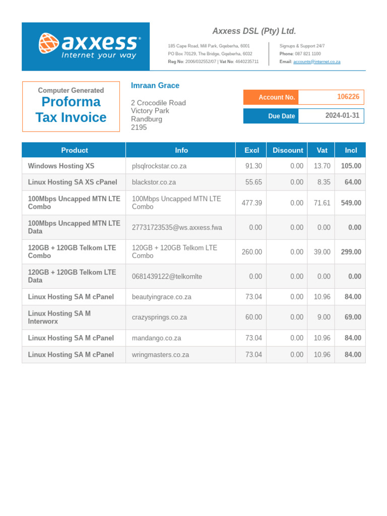 Axxess DSL Pty LTD Proforma Invoice 65327 | PDF | Cheque | Service Industries