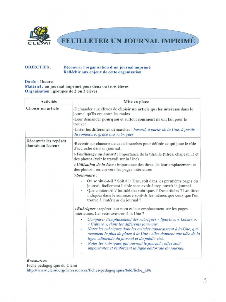 Fiche P R Da Clemi Semaine de La Presse | PDF